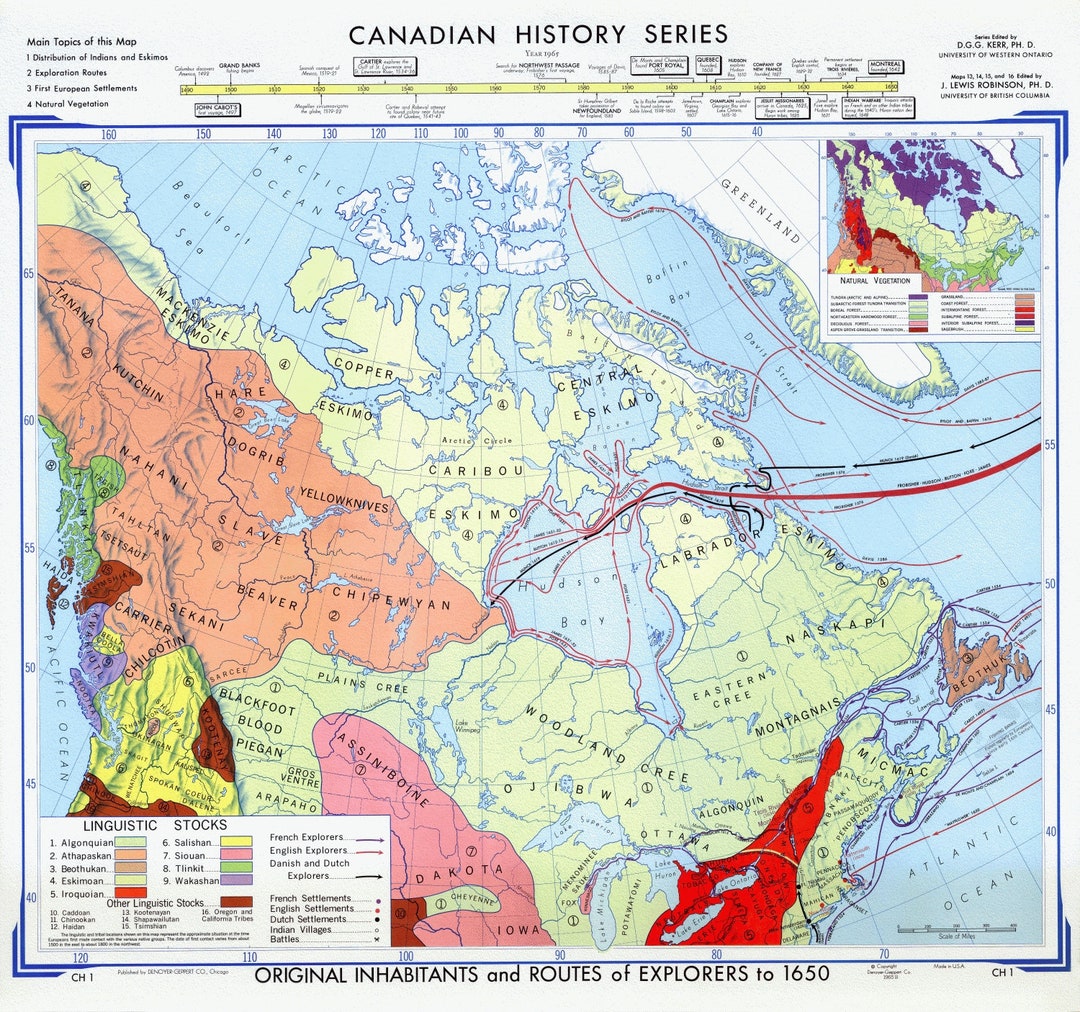 Map of Canadian History & Exploration, 1965, on Heavy Cotton Canvas ...