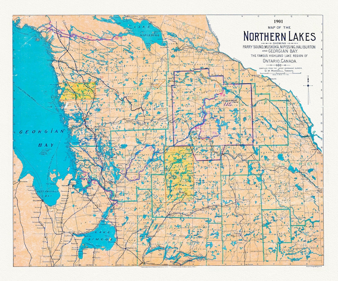 Muskoka-haliburton: Map of the Northern Lakes, 1901, Map on Heavy ...