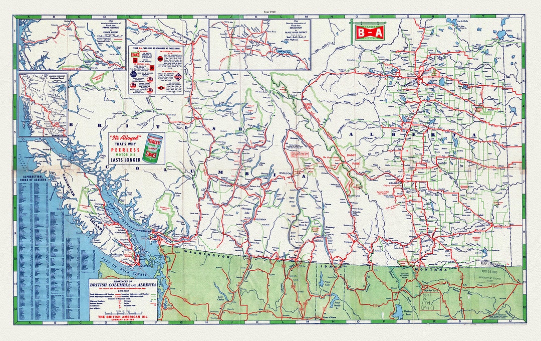 Road Map of the Provinces of British Columbia and Alberta, 1940 , Map ...