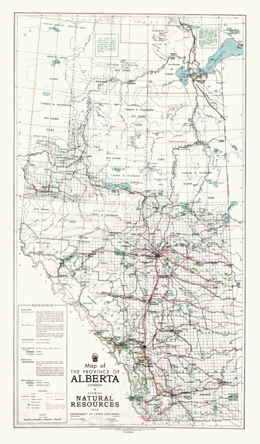 Map of the Province of Alberta, Canada, Showing Natural Resources, 1945 ...