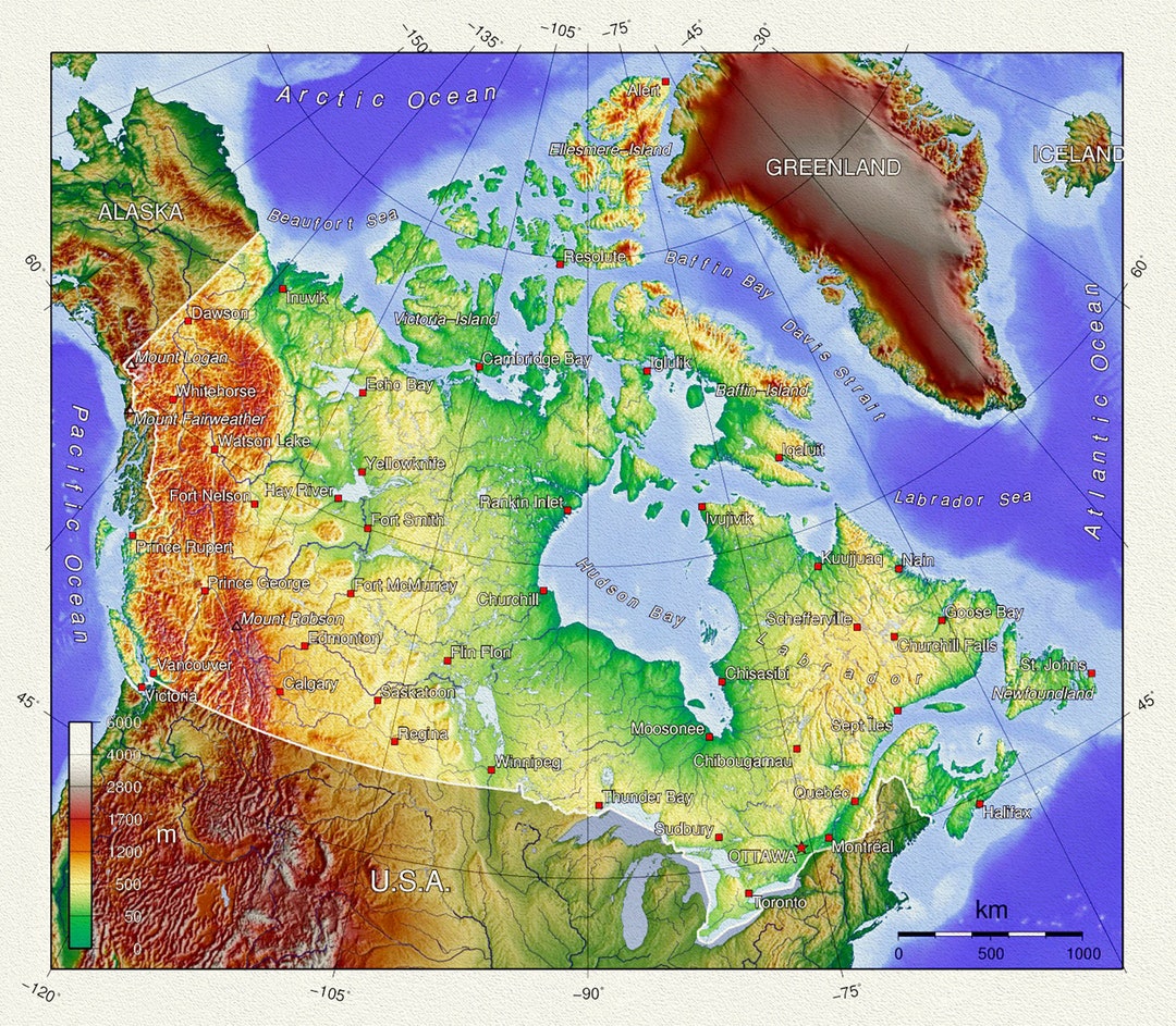 Topographical Map of Canada, on Heavy Cotton Canvas, 20 X 25" Approx ...