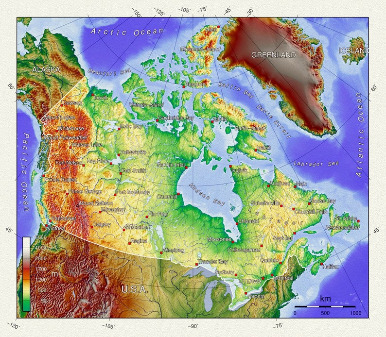 Topographical Map of Canada, on Heavy Cotton Canvas, 20 X 25" Approx ...