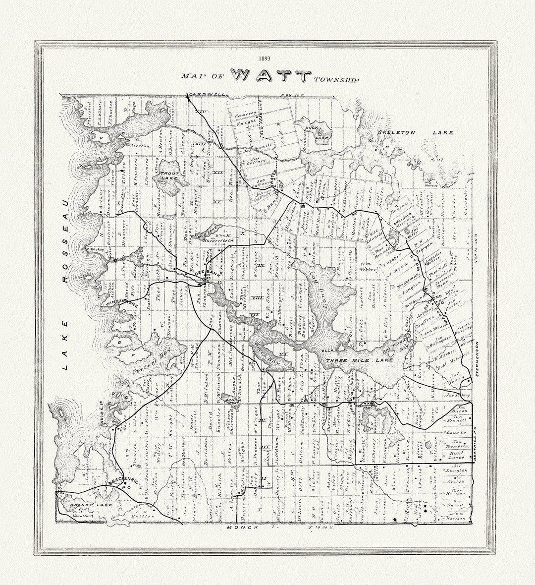 Muskoka-Haliburton, Watt Township, 1893, mappa su tela di cotone ...