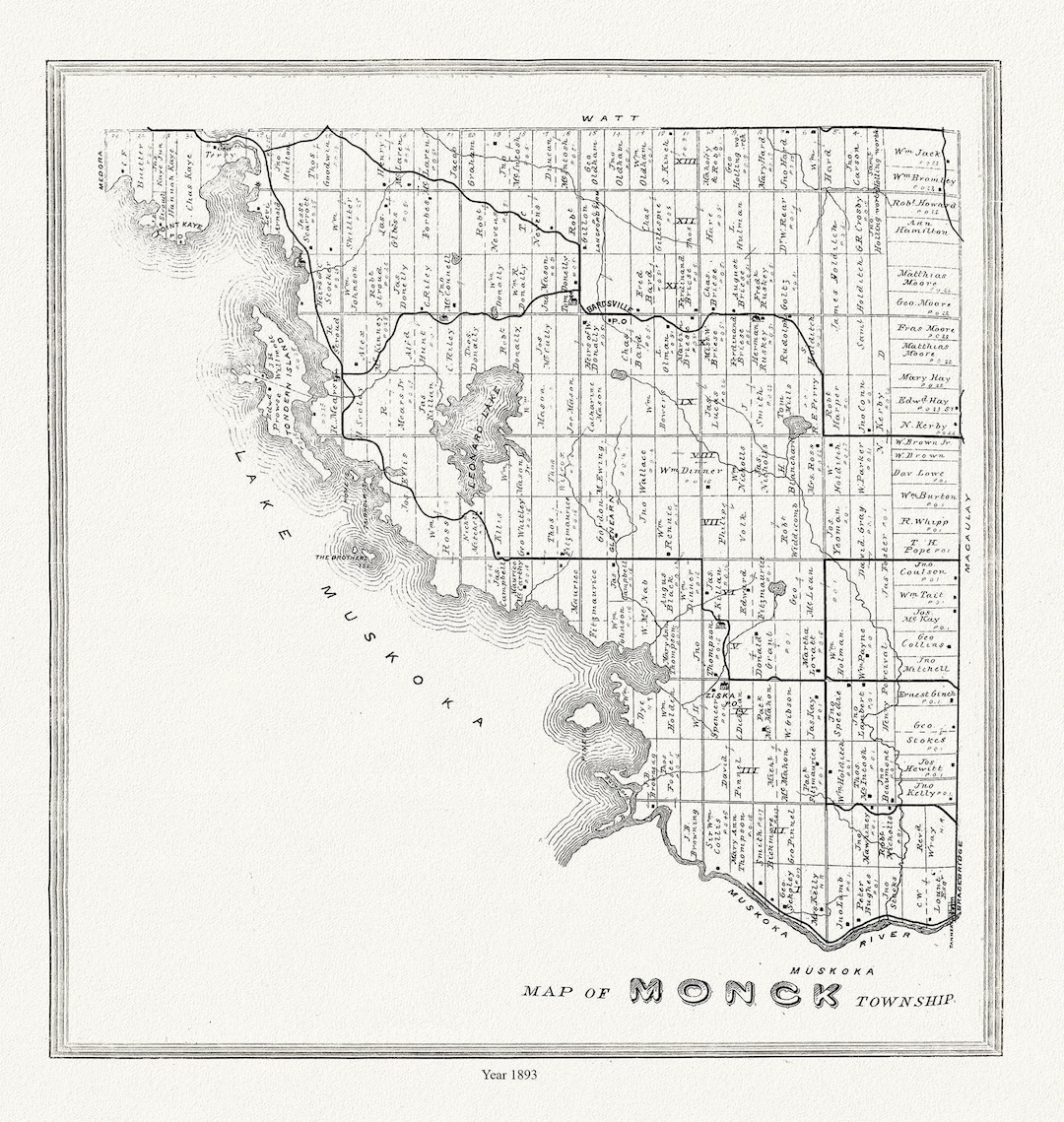 Muskoka-Haliburton, Monck Township, 1893, mappa su tela di cotone ...