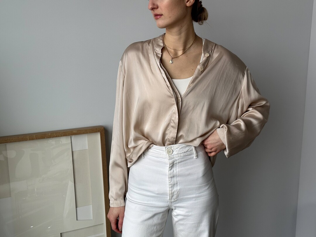 Vintage Rena Rowan Silk Button Long Sleeve Blouse | Champagne Tan Silk ...