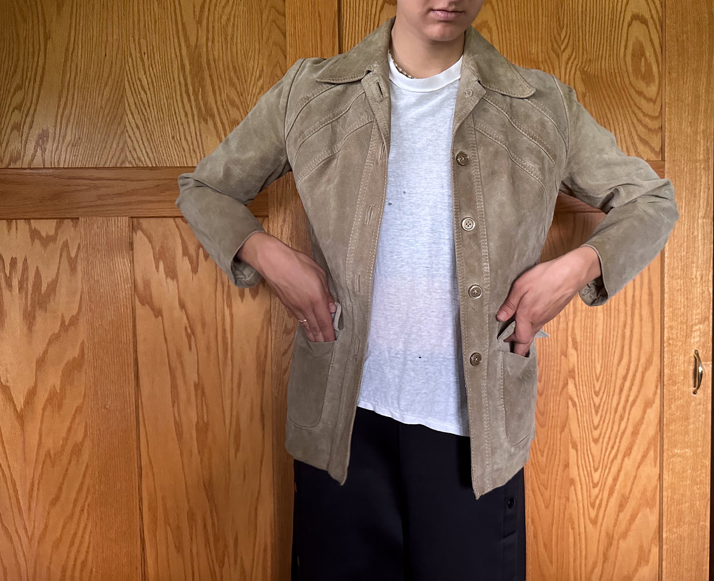 Vintage Suede Leather Button up Beige Khaki Jacket Concorde Fashions ...