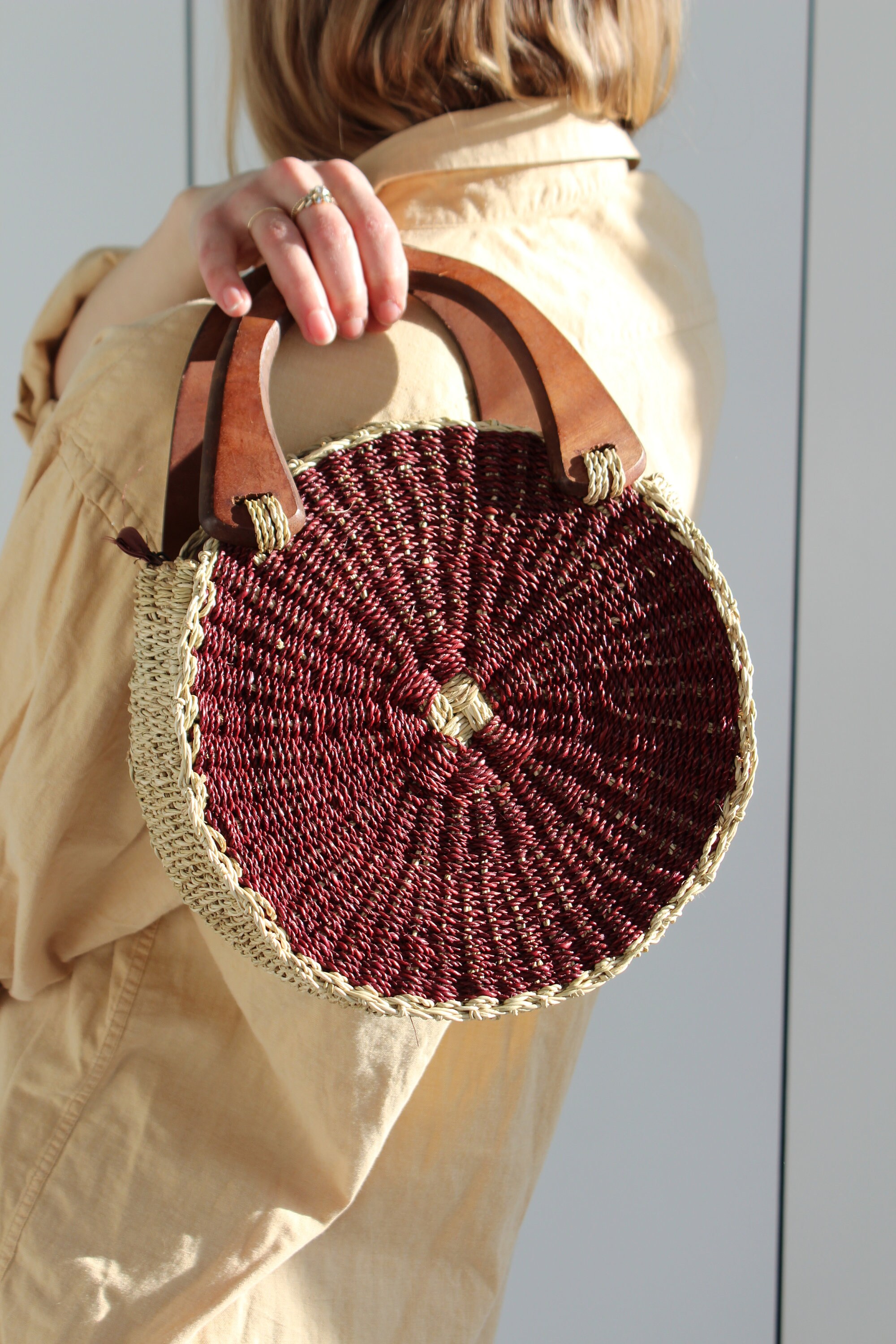 Vintage Natural and Burgundy Red Wicker Circle Purse With - Etsy