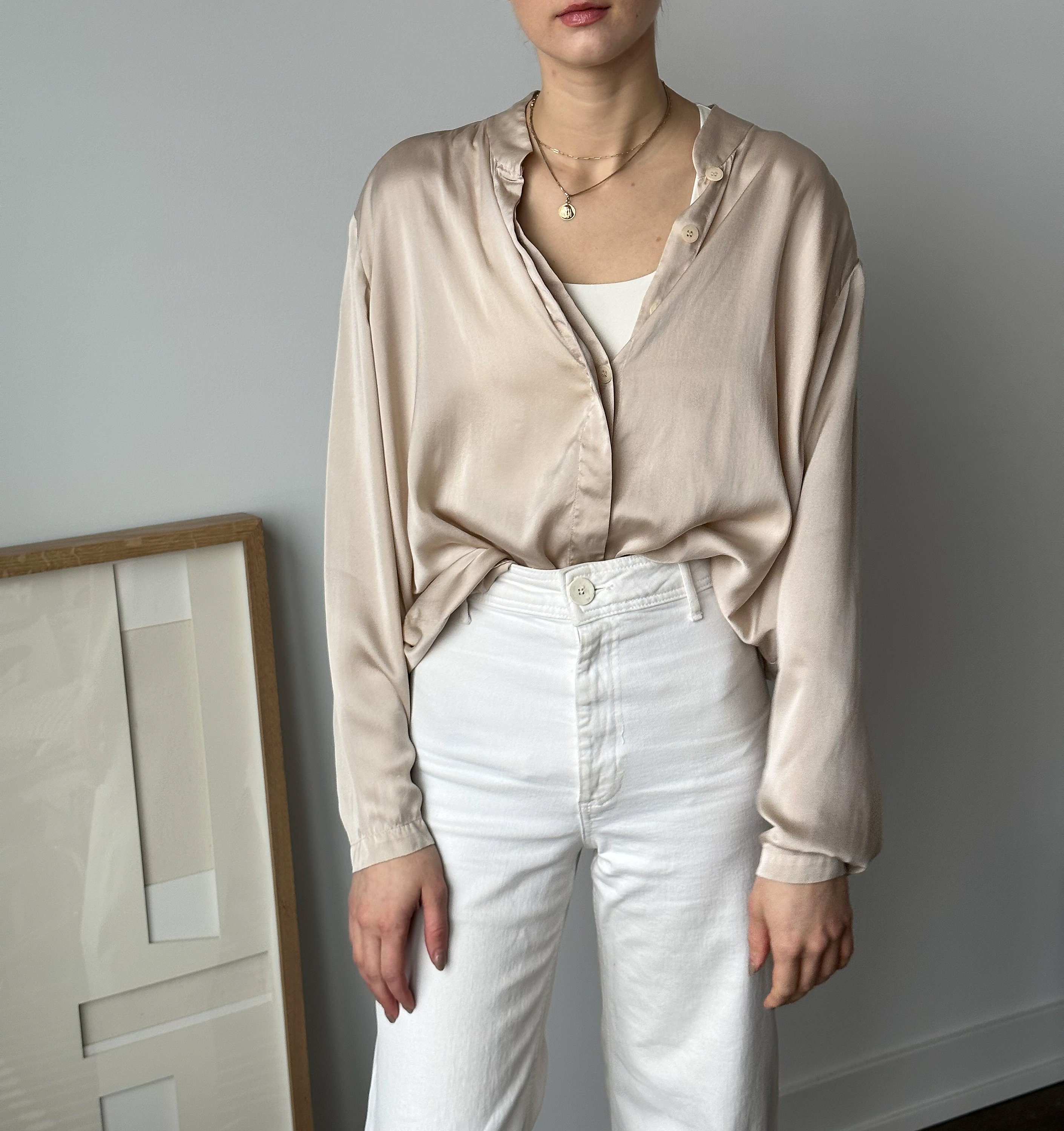 Vintage Rena Rowan Silk Button Long Sleeve Blouse Champagne Tan Silk ...