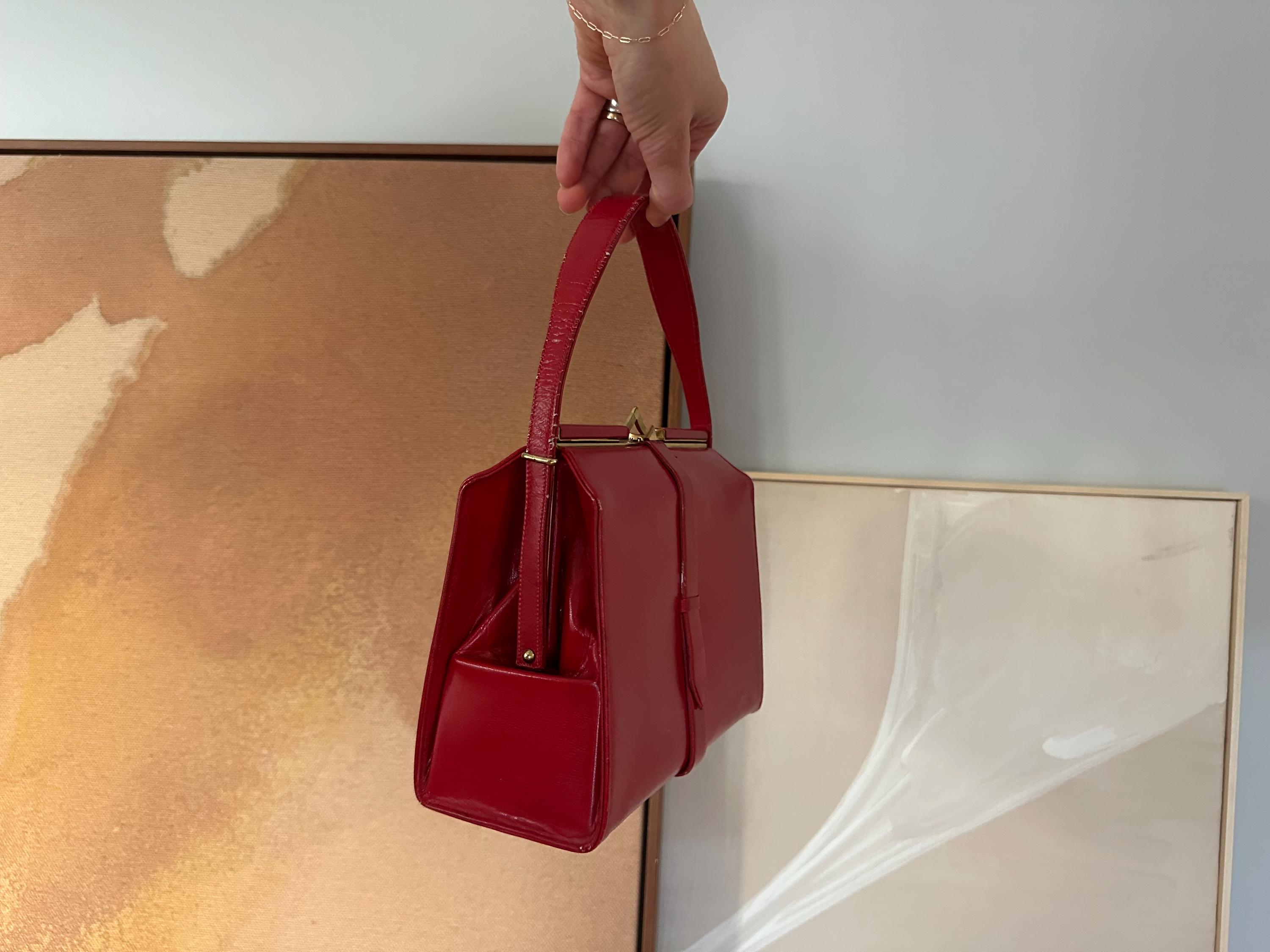 Vintage Red Leather Top Handle Purse With Gold Clasp - Etsy