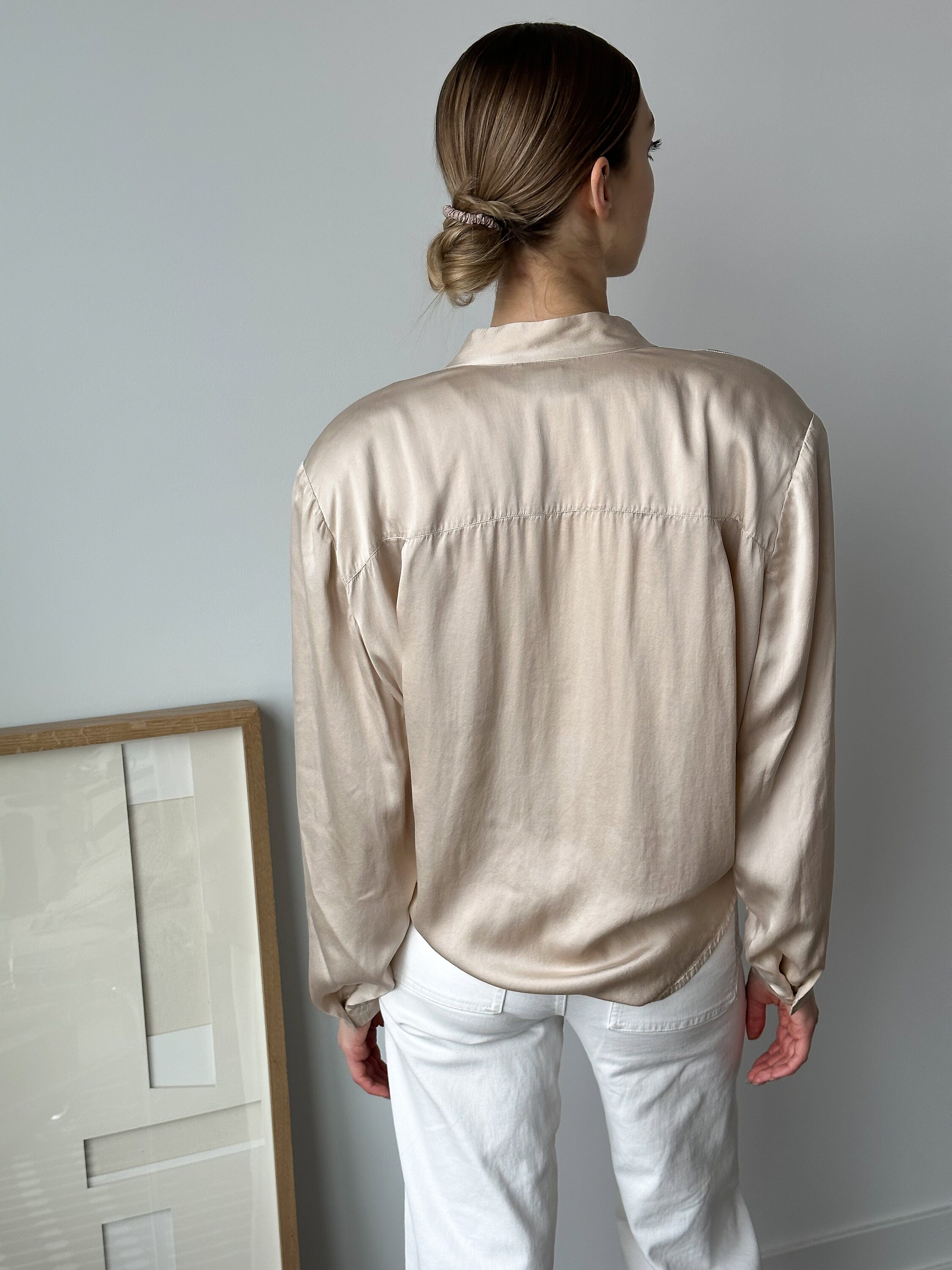 Vintage Rena Rowan Silk Button Long Sleeve Blouse Champagne Tan Silk ...