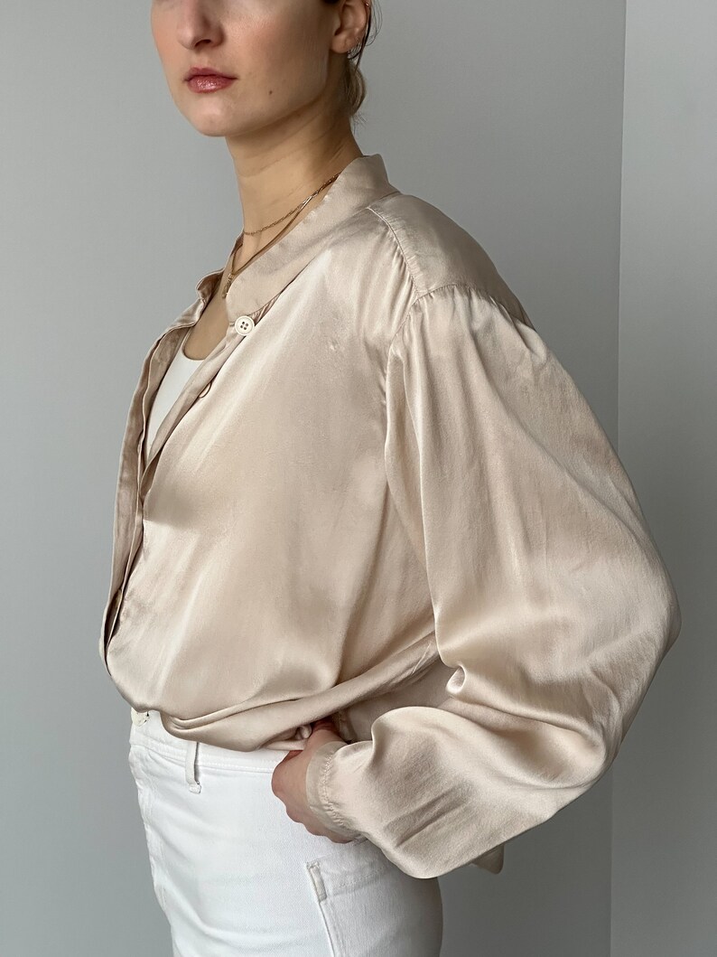 Vintage Rena Rowan Silk Button Long Sleeve Blouse Champagne Tan Silk ...