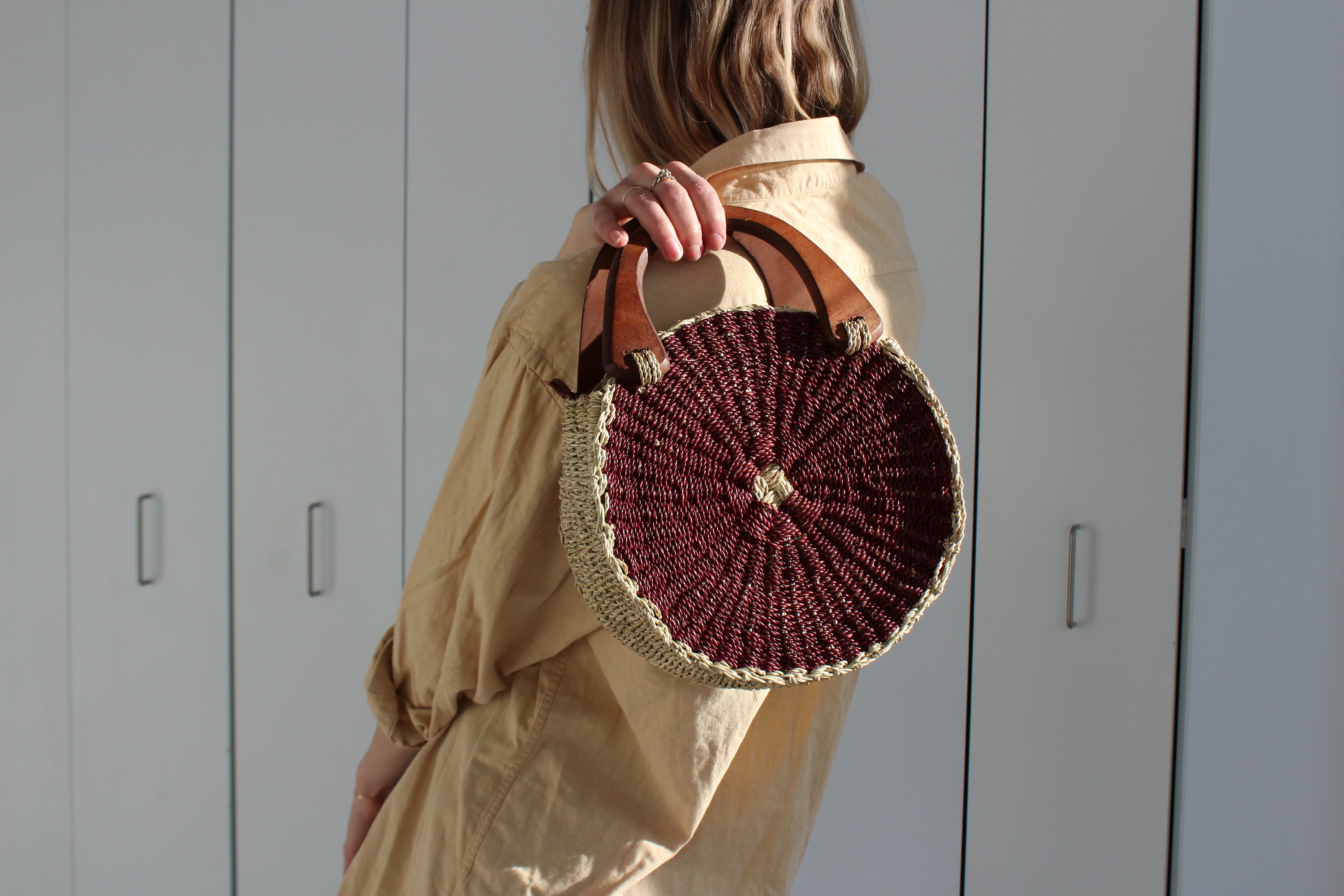 Vintage Natural and Burgundy Red Wicker Circle Purse With - Etsy