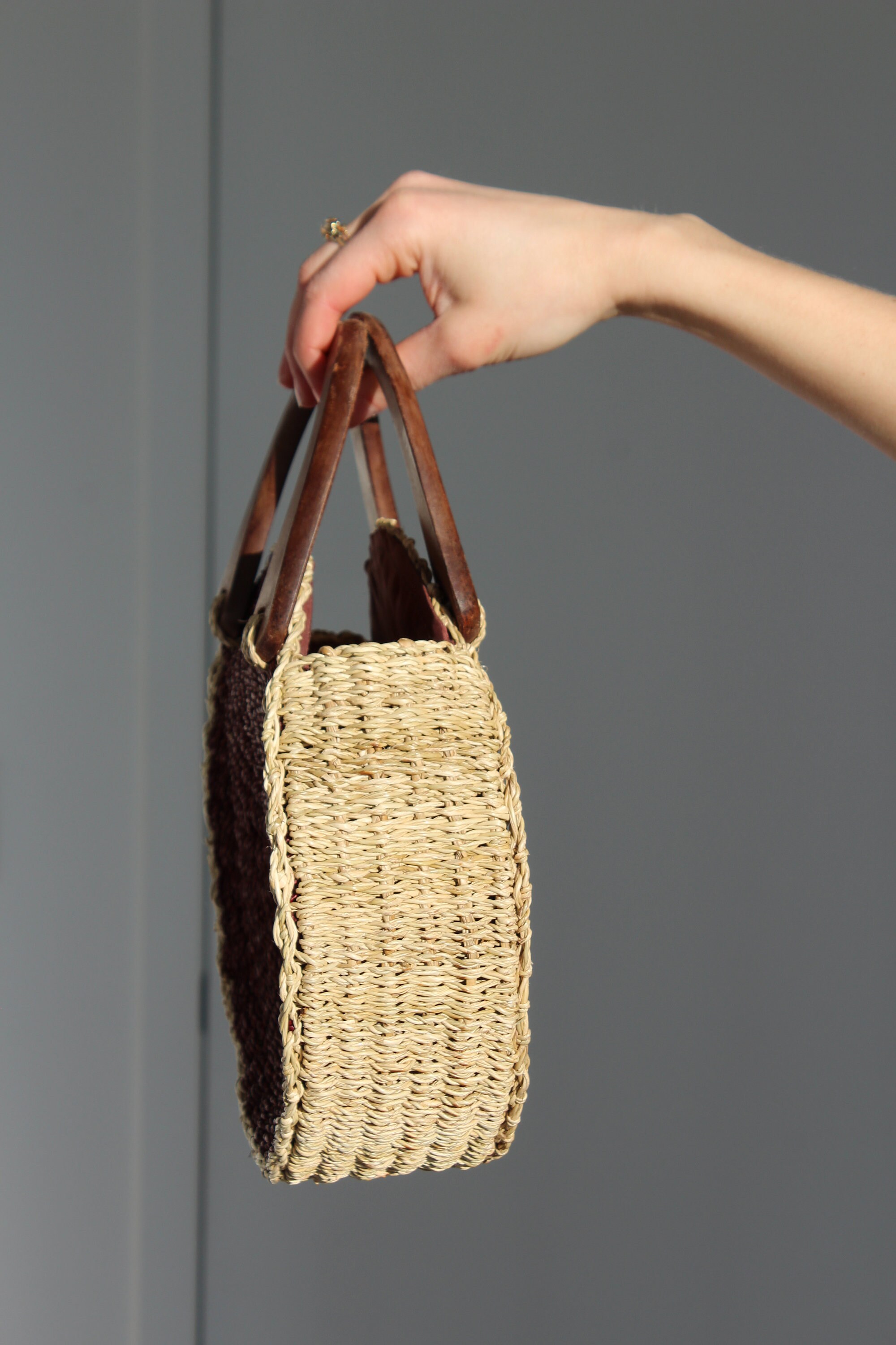Vintage Natural and Burgundy Red Wicker Circle Purse With - Etsy
