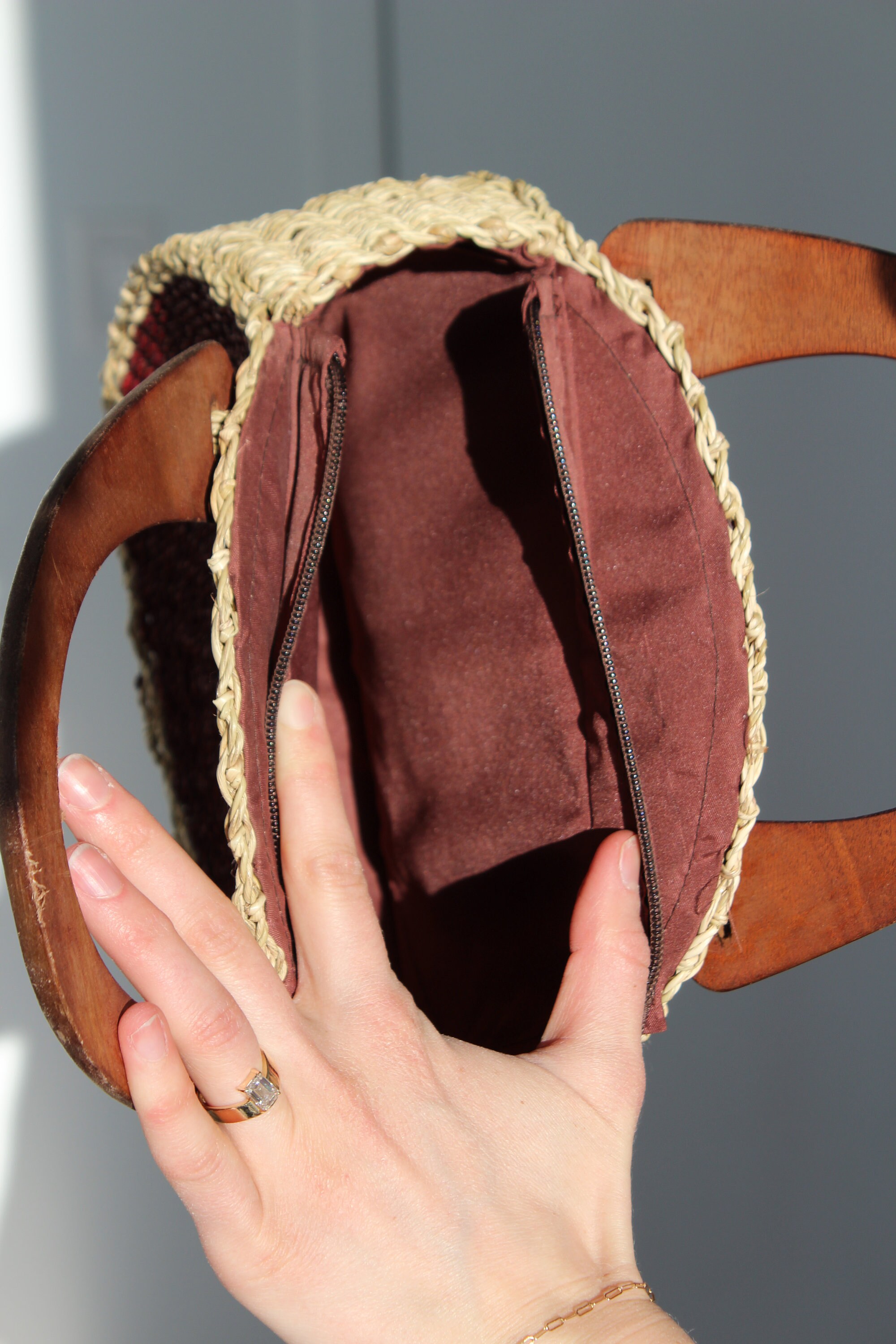 Vintage Natural and Burgundy Red Wicker Circle Purse With - Etsy