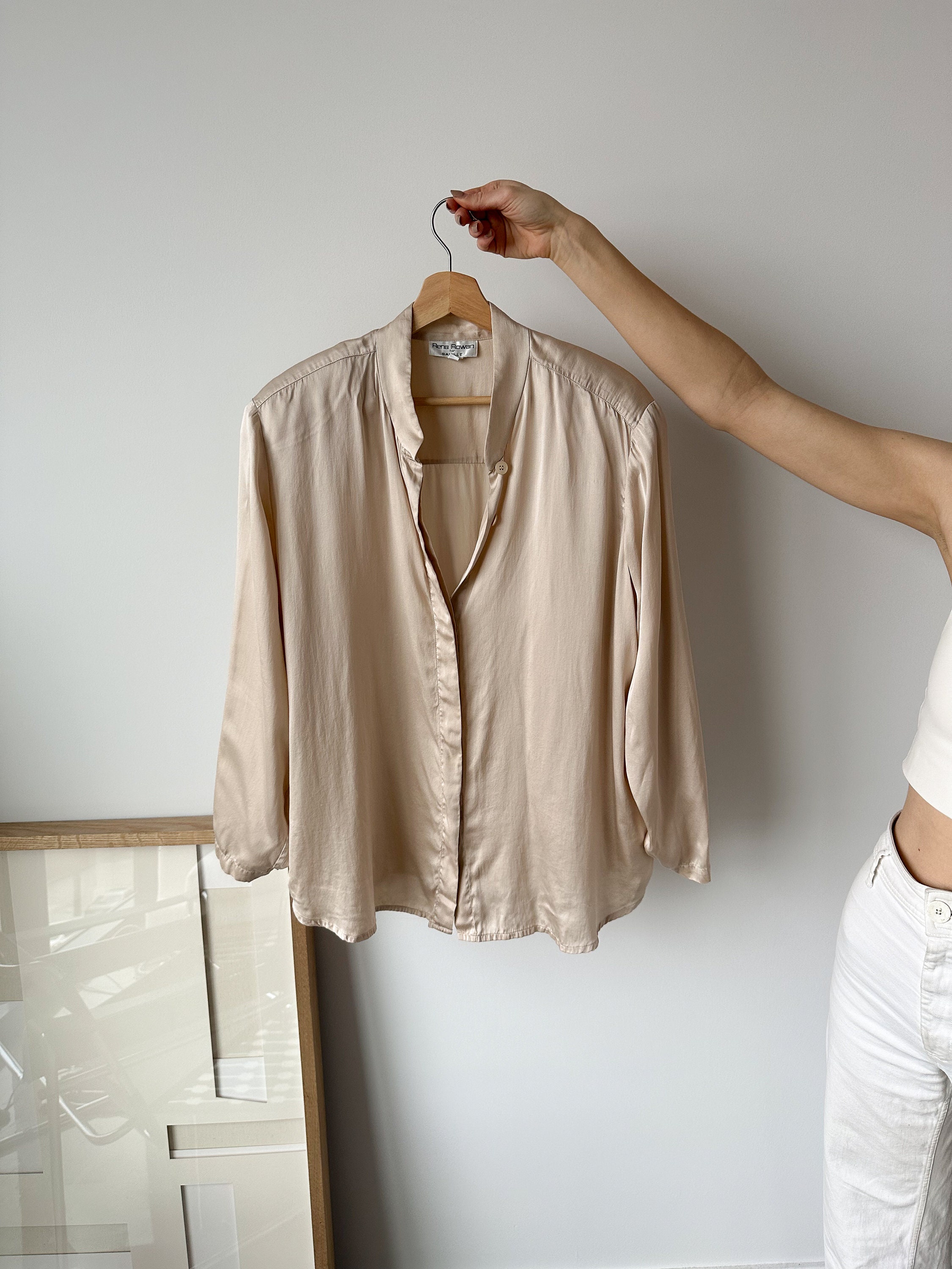 Vintage Rena Rowan Silk Button Long Sleeve Blouse Champagne Tan Silk ...
