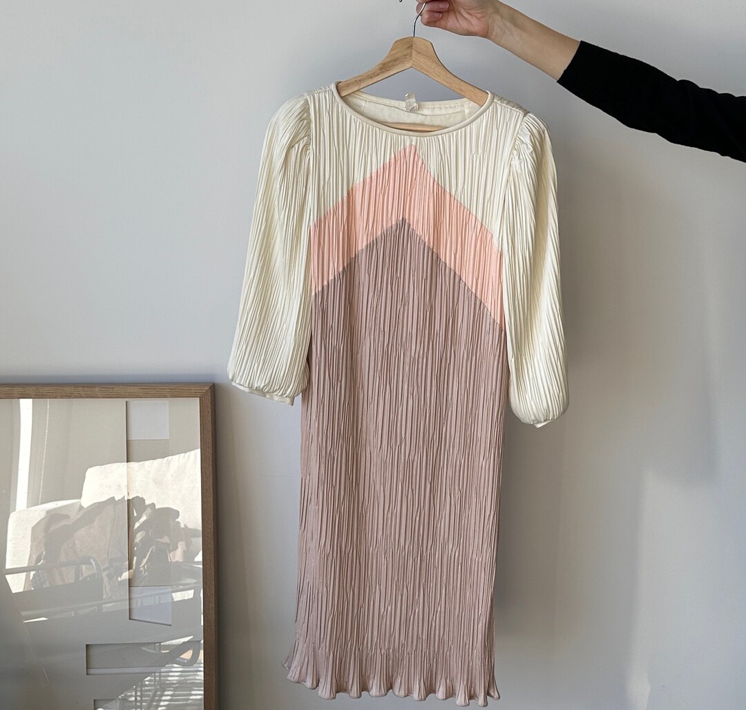 Vintage Plisse Midi Dress | Pastel Pink/cream and Taupe/purple Color ...