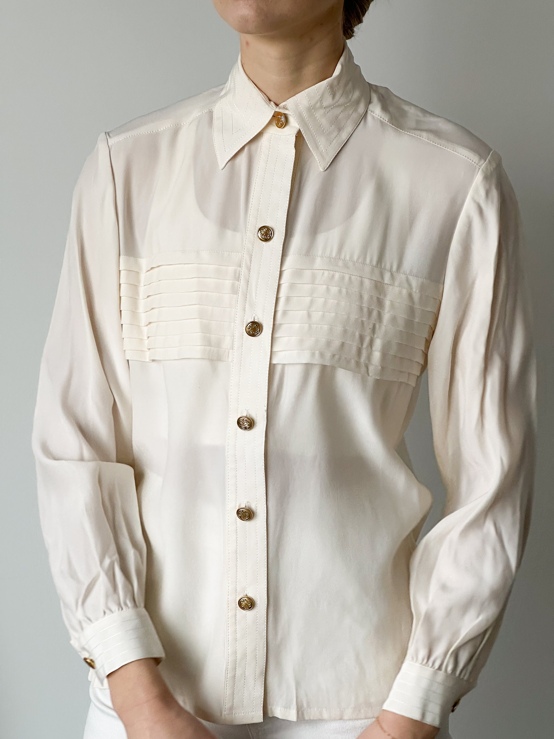 Vintage 1980s Pleated Ivory Silk Collared Button up Blouse | Starington ...