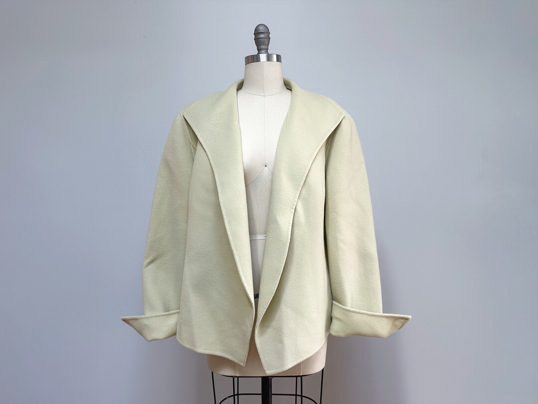 Vintage Wool Collared Open Coat | 1 Layer Ivory/green/khaki Wool Jacket ...