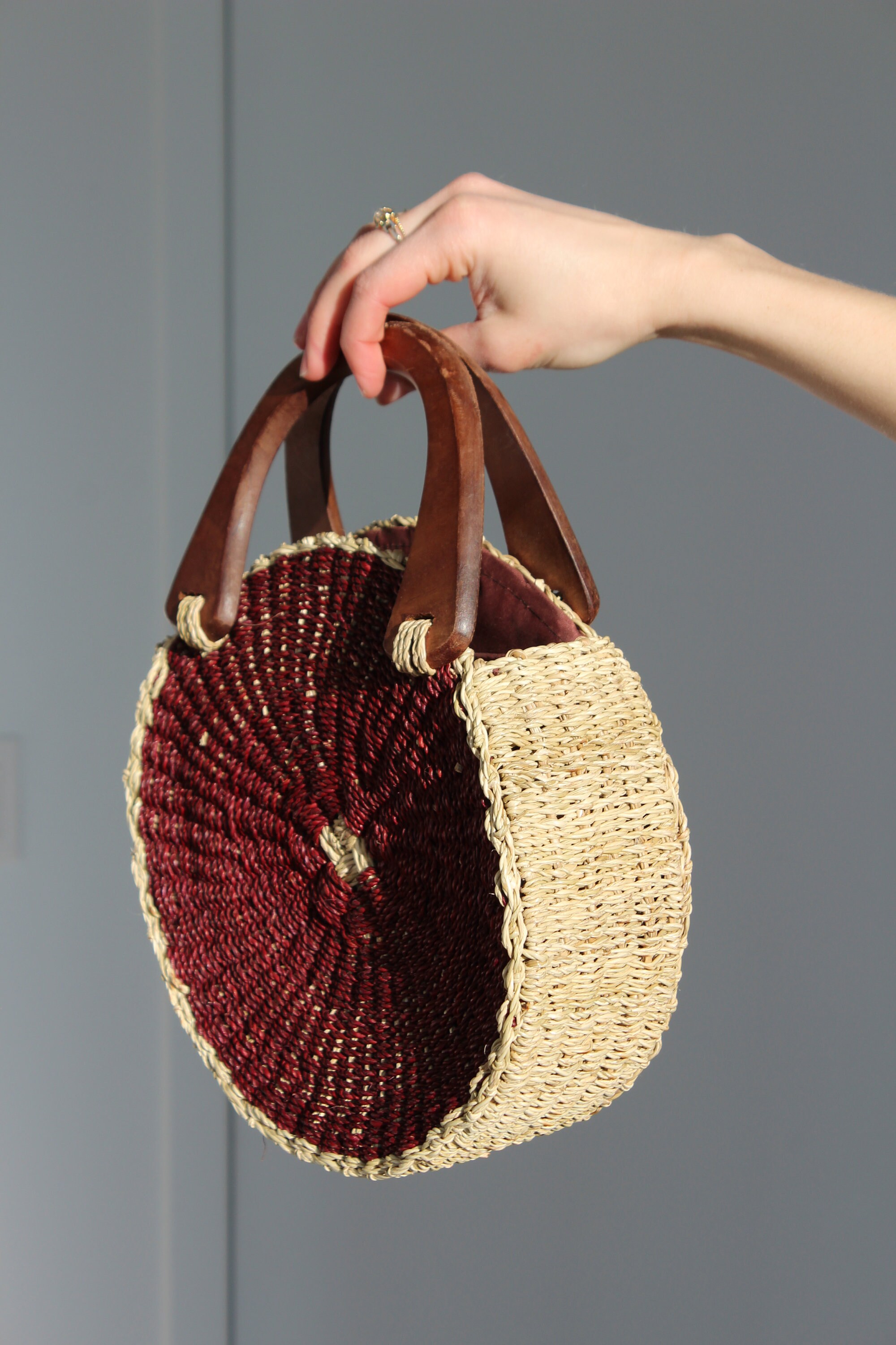 Vintage Natural and Burgundy Red Wicker Circle Purse With - Etsy