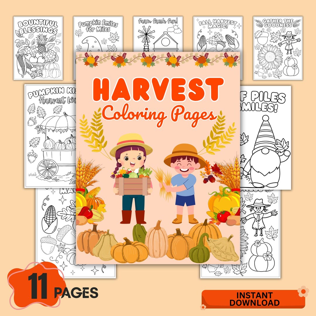 Harvest Coloring Sheet Printable, Fall Coloring Pages for Kids, Autumn ...