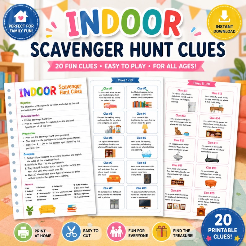 Indoor Scavenger Hunt Clues, Printable PDF Activity Game, Family Fun ...