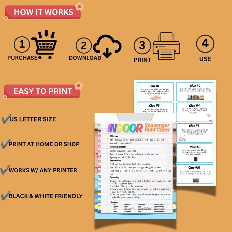 Indoor Scavenger Hunt Clues, Printable PDF Activity Game, Family Fun ...