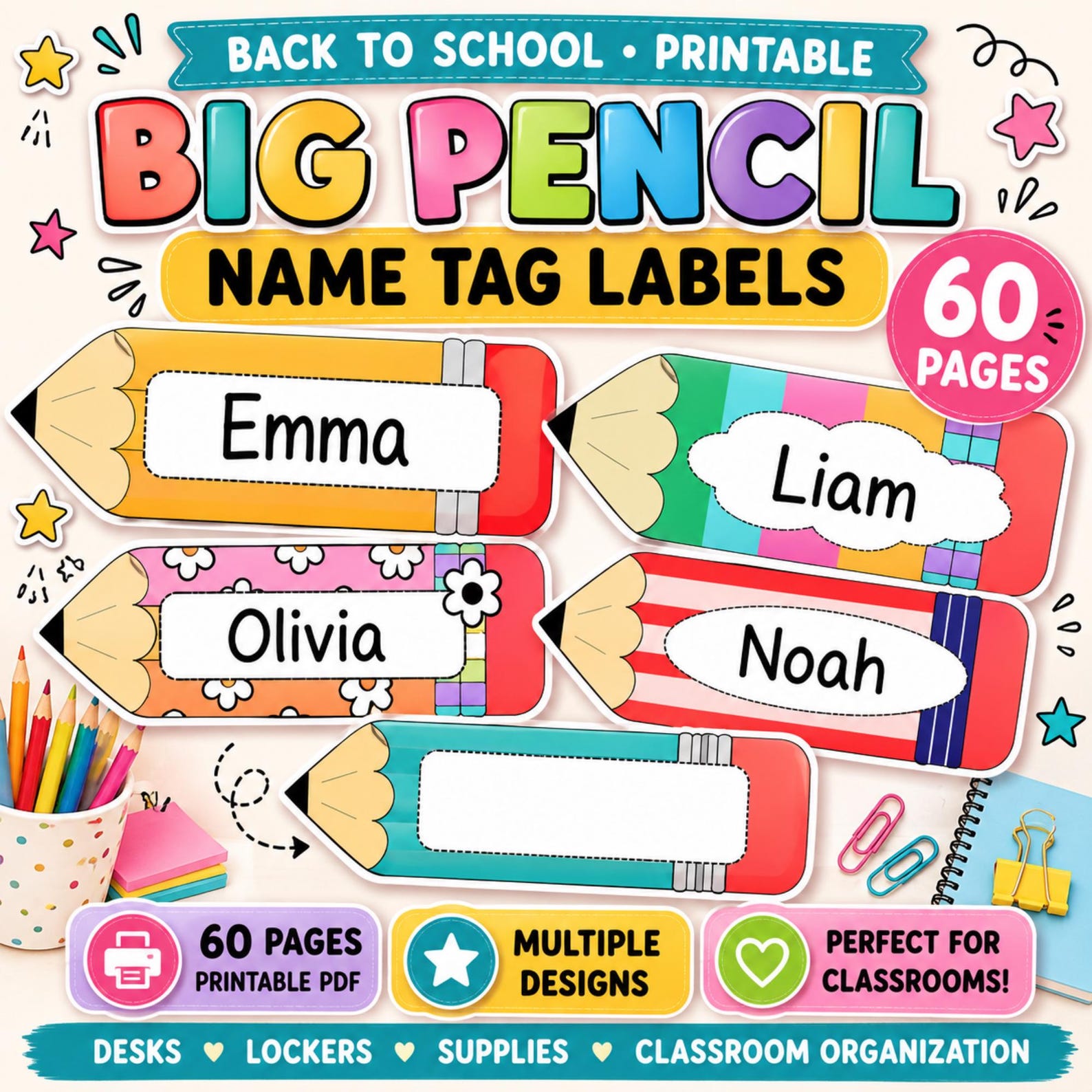 Big Pencil Name Tag Labels Printable, Classroom Desk Name Tags, Back to ...