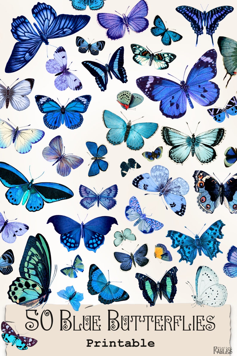 50 Blue Butterflies, Vintage Fussy Cut Images, Decorating Junk Journal ...