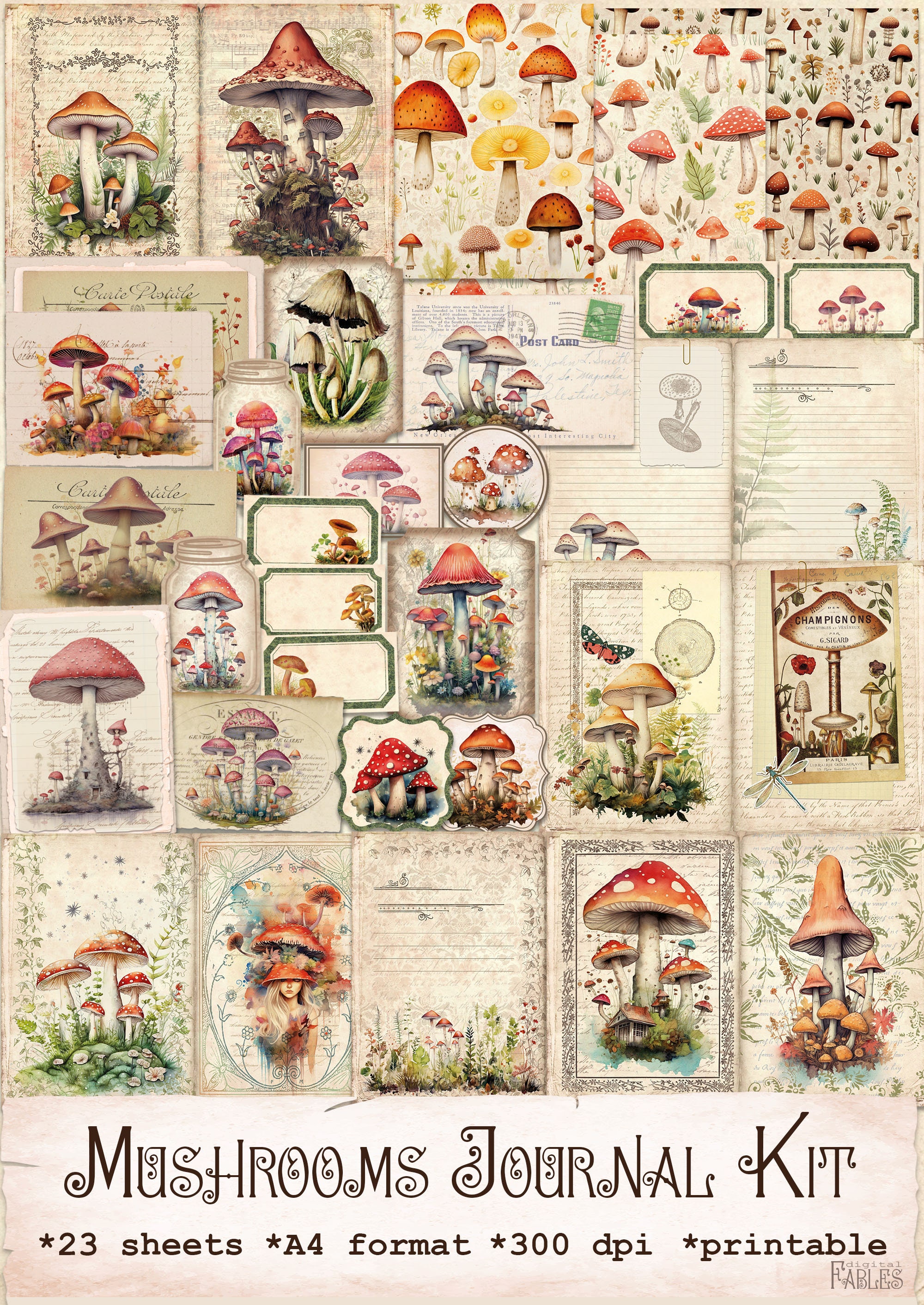 Mushrooms Journal Kit, Junk Journal Digital Printable, Scrapbook Kit ...