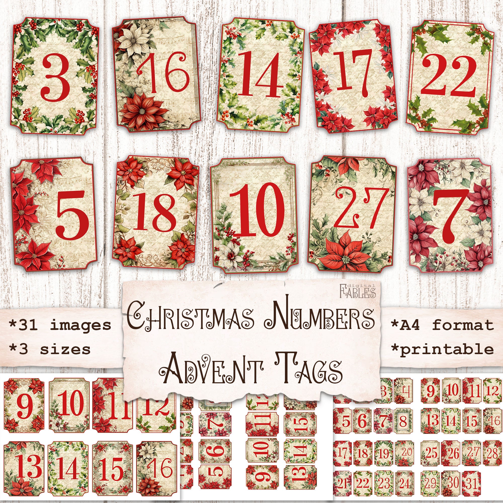 Christmas Numbers, Advent Tags, Printable Scrapbook Vintage Ephemera ...