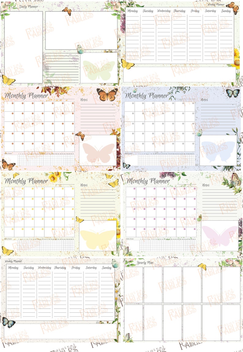 Printable Planner Sheets, Pastel and Butterfly, Daily, Weekly, Monthly ...