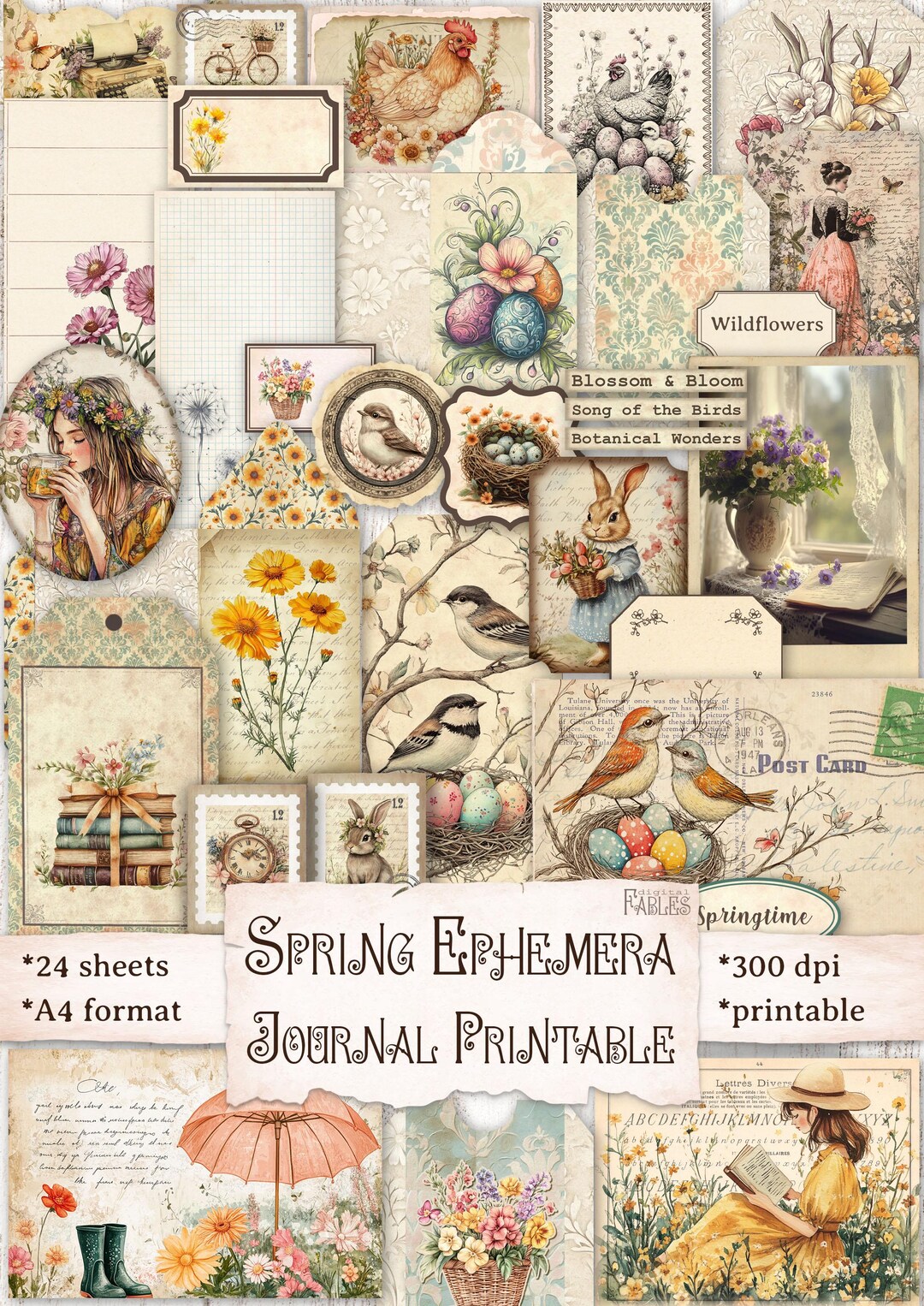 Spring Ephemera Kit, Vintage Aesthetics Junk Journal Printable, Easter ...