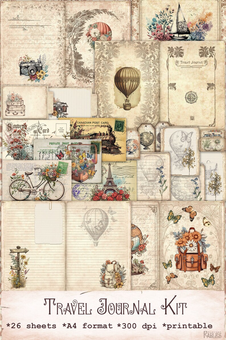 Travel Journal Kit, Digital Printable, Travelers Notebook Scrapbook Kit ...