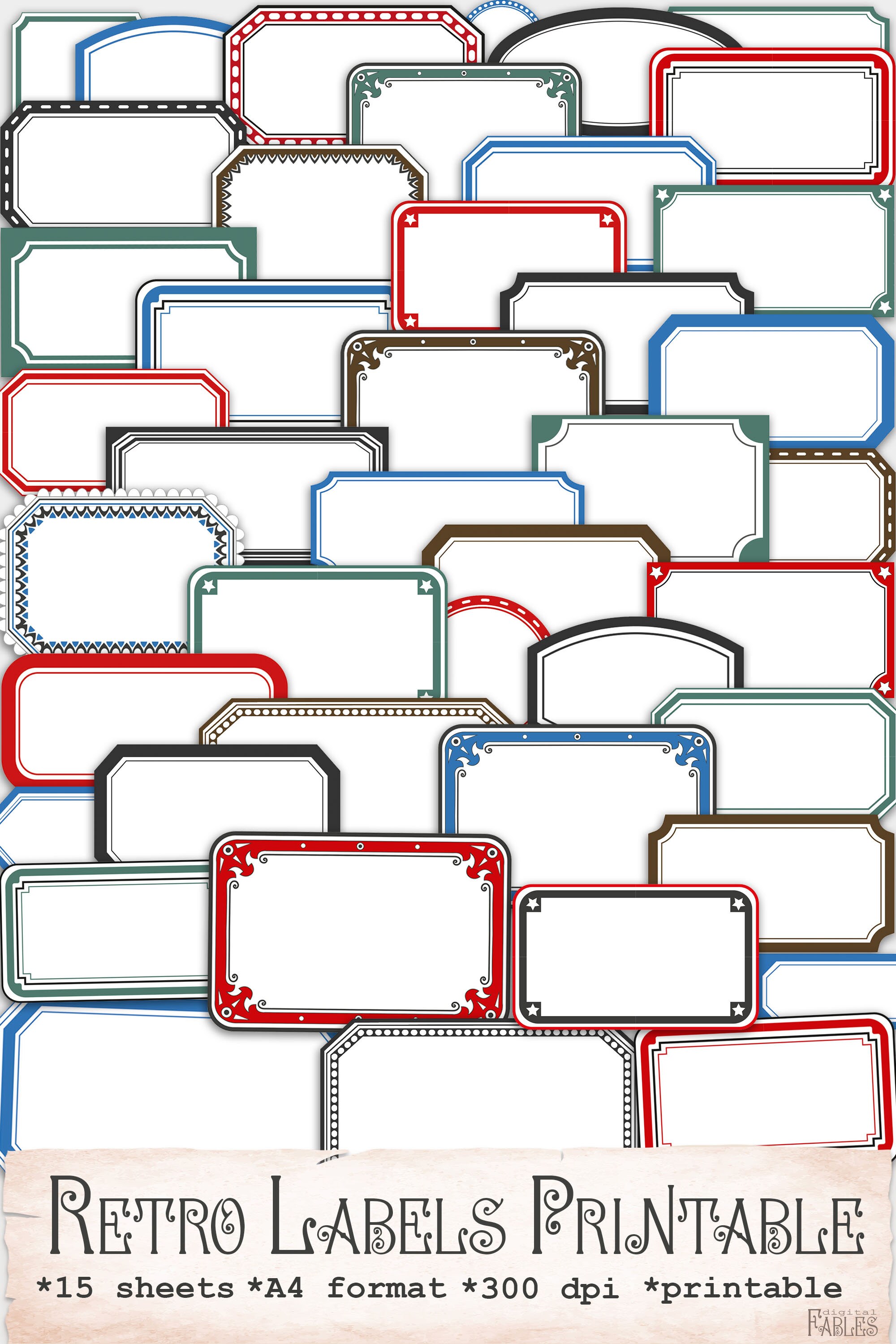 Retro Labels Printable, Vintage Style Ephemera, Red Green Blue Frame ...