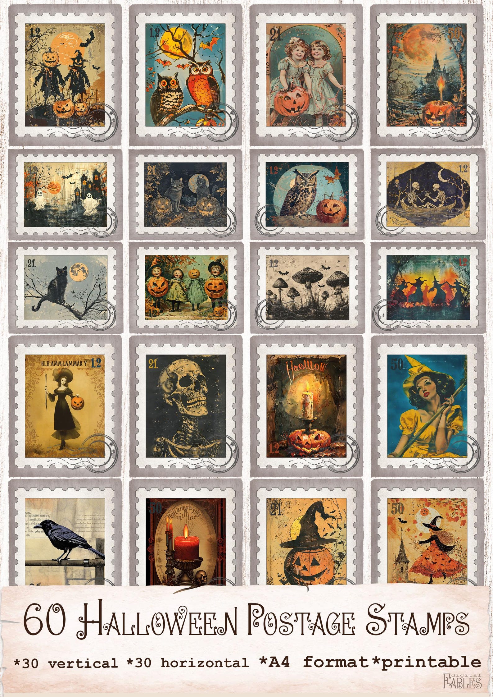 Halloween Faux Postage Stamps, Scrapbook Ephemera, Junk Journal ...
