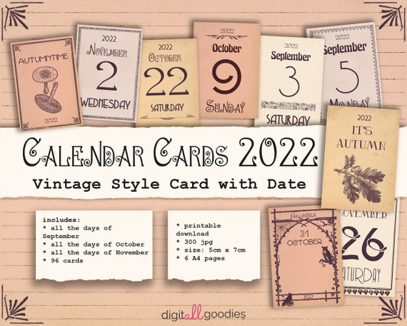 Vintage Style Cards With Date Calendar Cards Junk Journal - Etsy