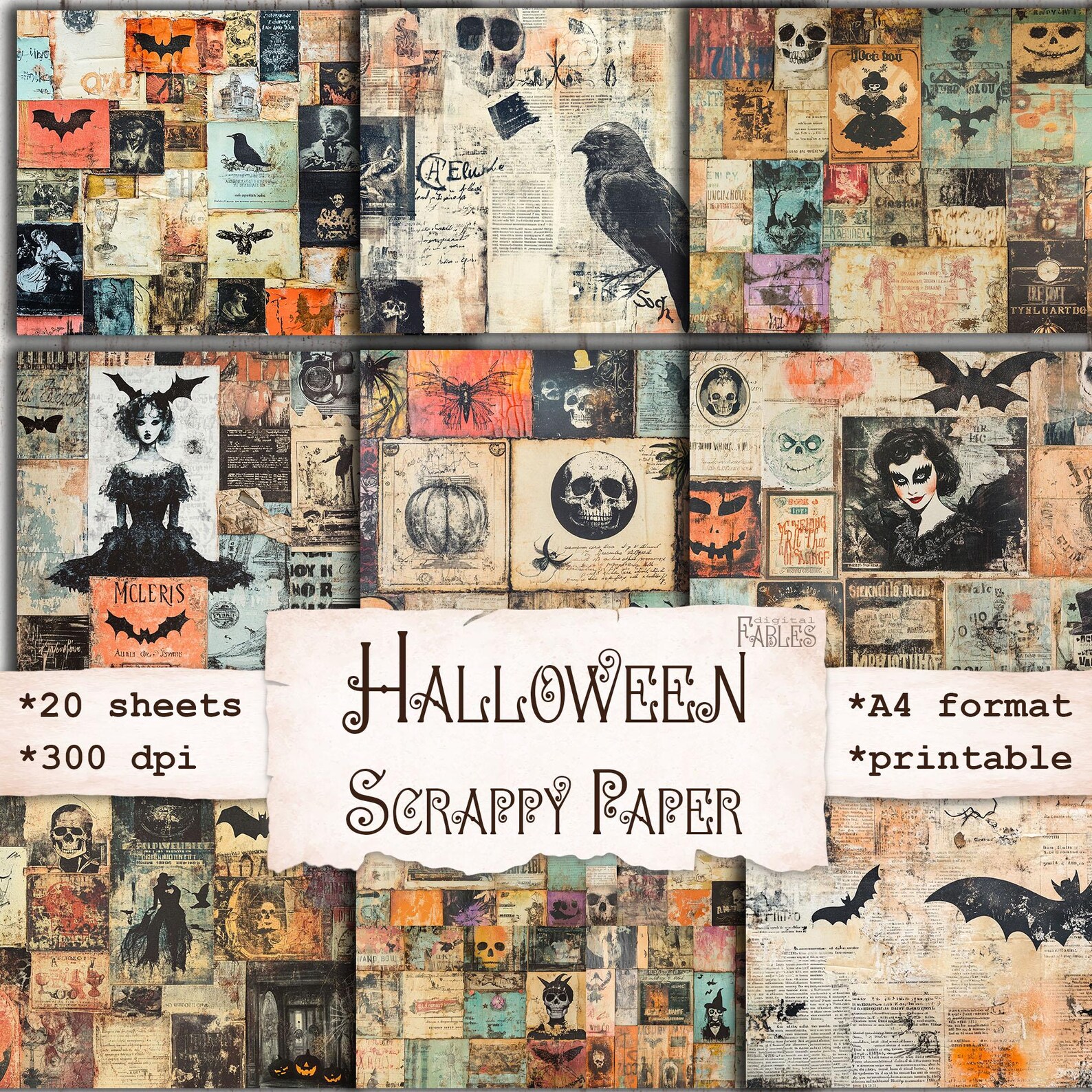 Halloween Collage Sheets, Shabby Scrappy Paper, Old Newspaper, Junk ...