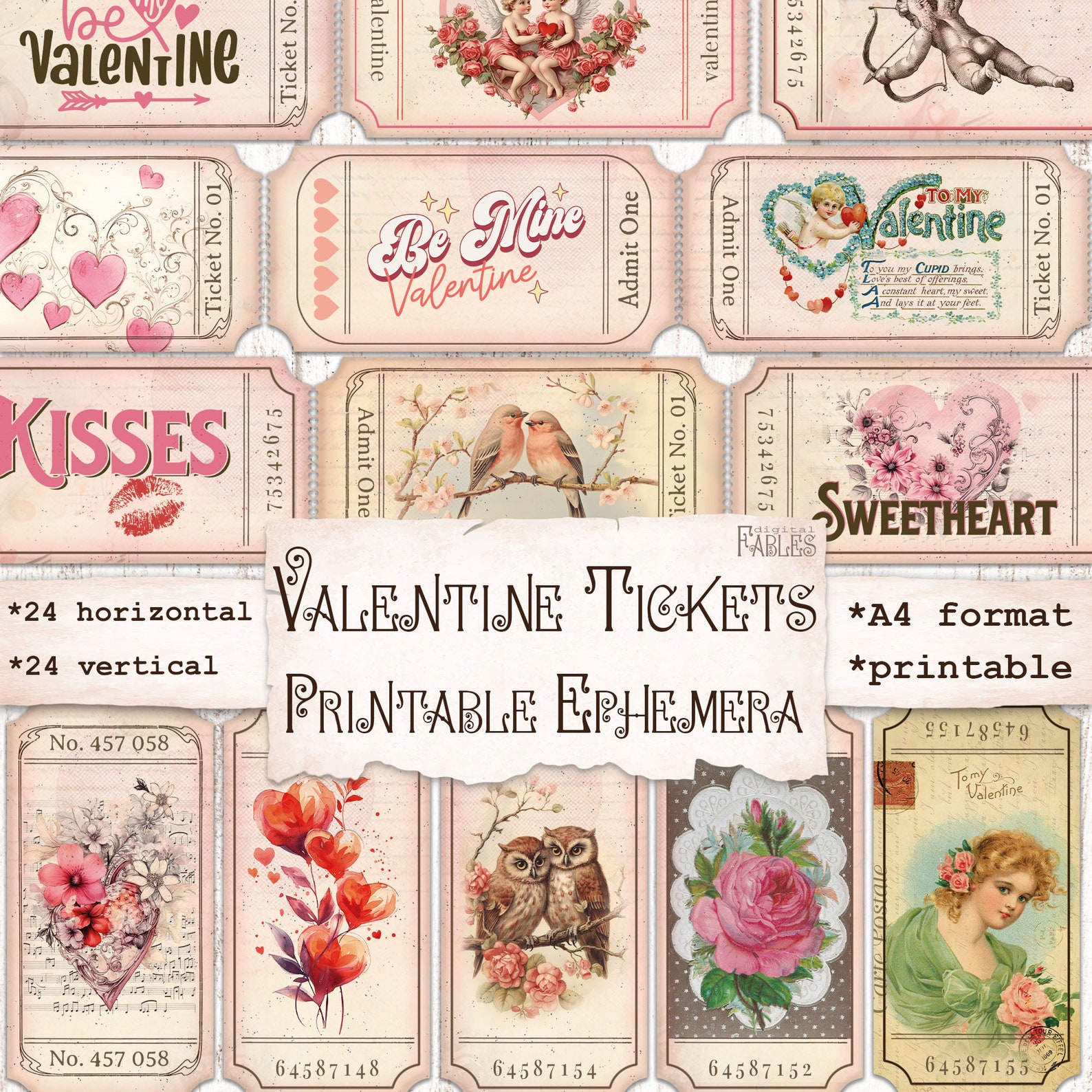 Valentine Tickets, Horizontal and Vertical Orientation, Junk Journal ...