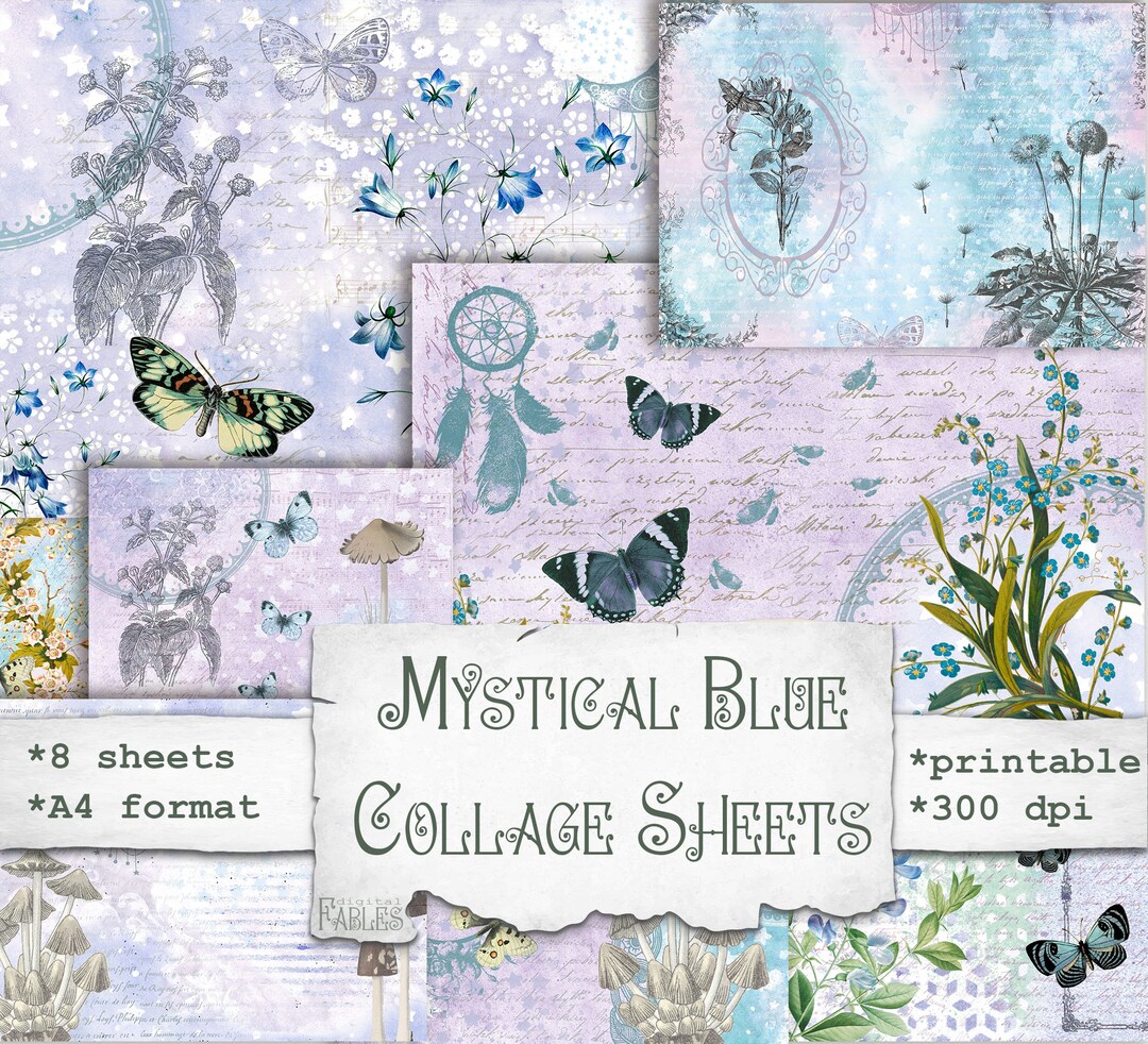 Mystical Blue Collage Sheets, Boho, Shabby Junk Journal. Blue, Pink ...