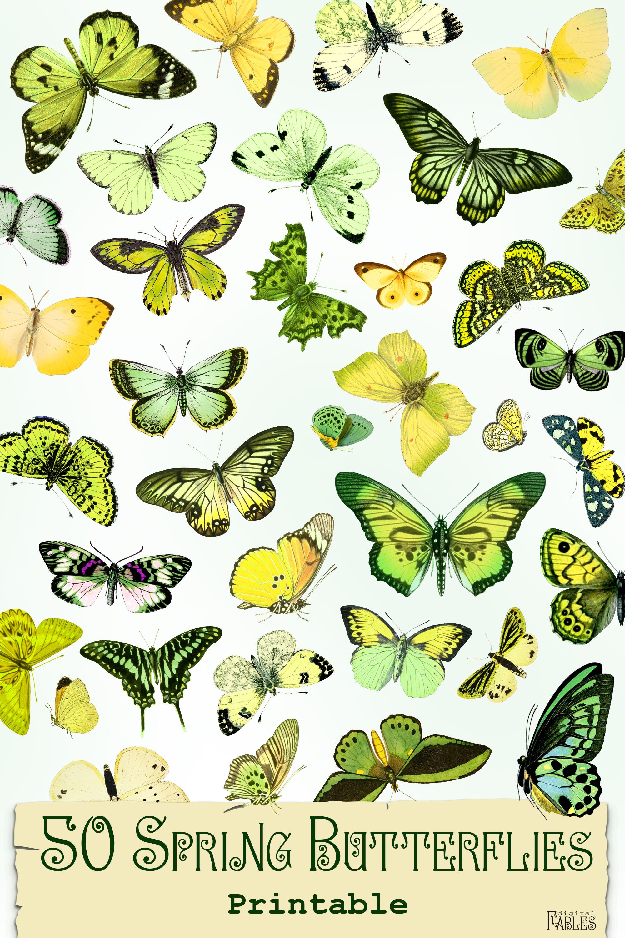 50 Spring Butterflies, Green & Yellow, Printable Fussy Cutting Images ...