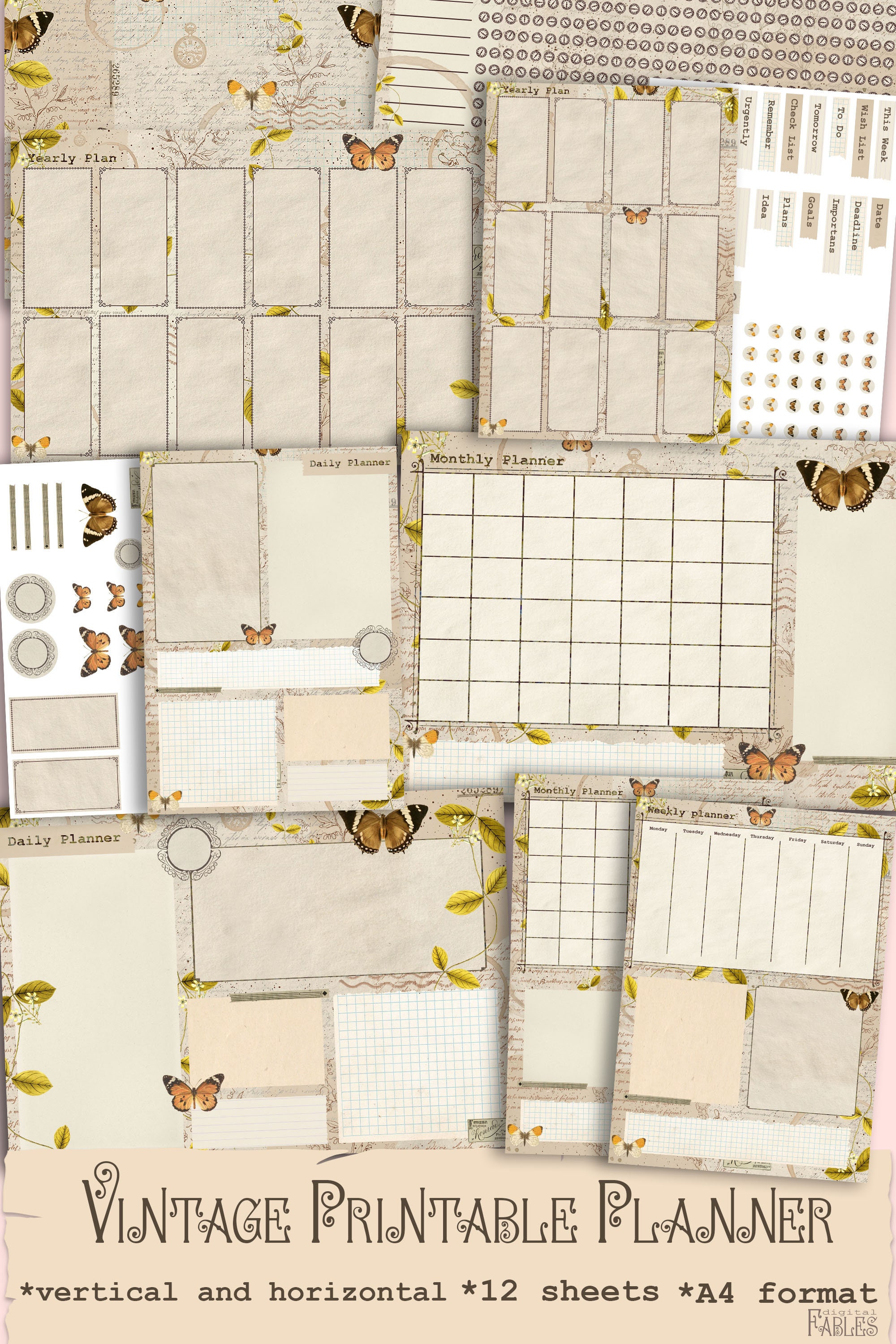 Printable Vintage Planner: Yearly, Monthly, Weekly, Daily Plans ...