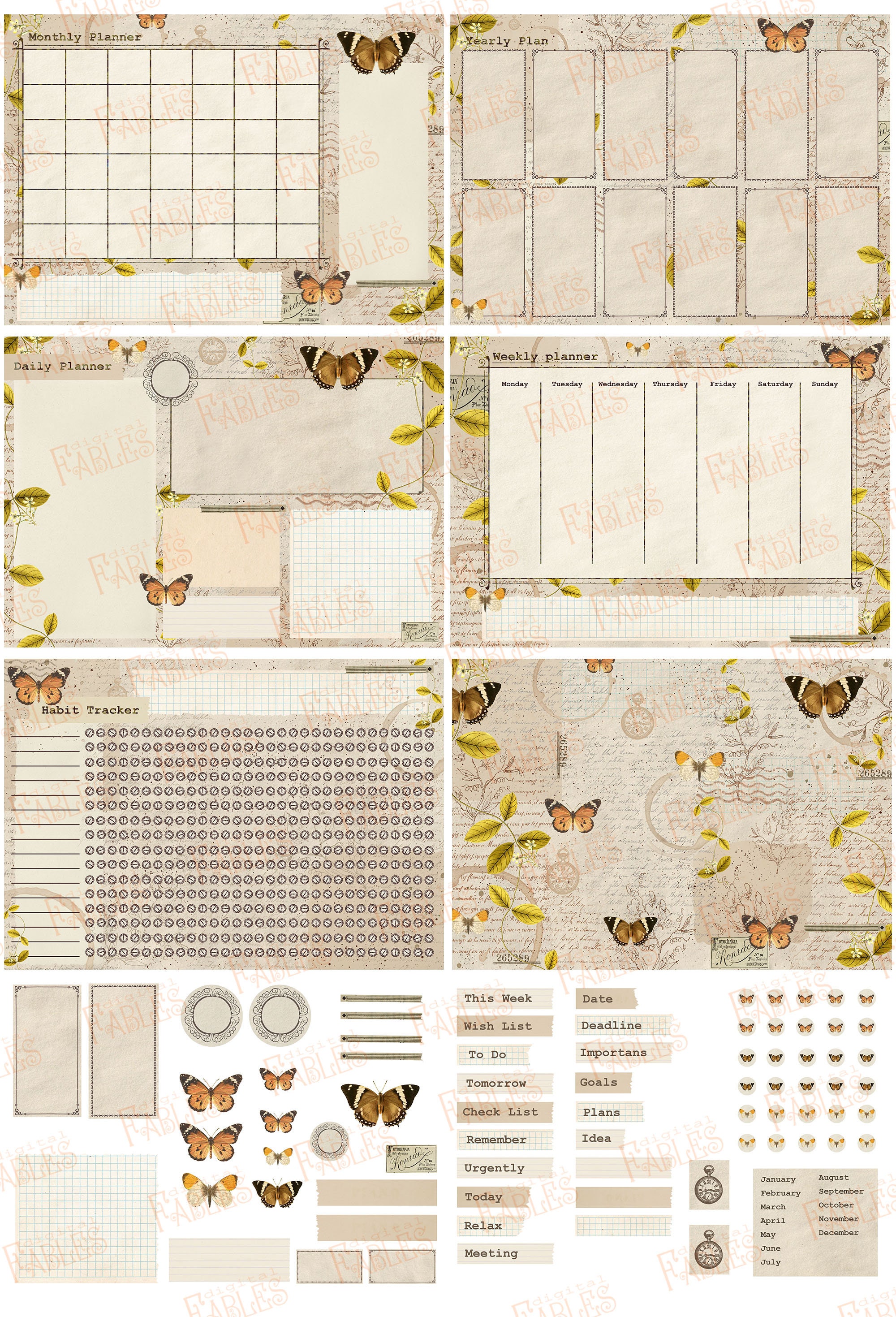 Printable Vintage Planner: Yearly, Monthly, Weekly, Daily Plans ...
