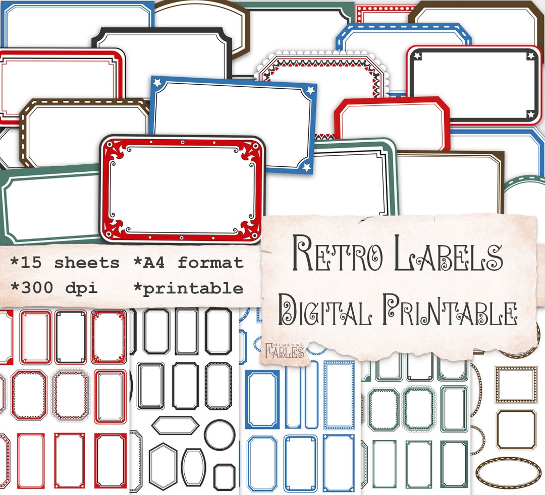 Retro Labels Printable, Vintage Style Ephemera, Red Green Blue Frame ...