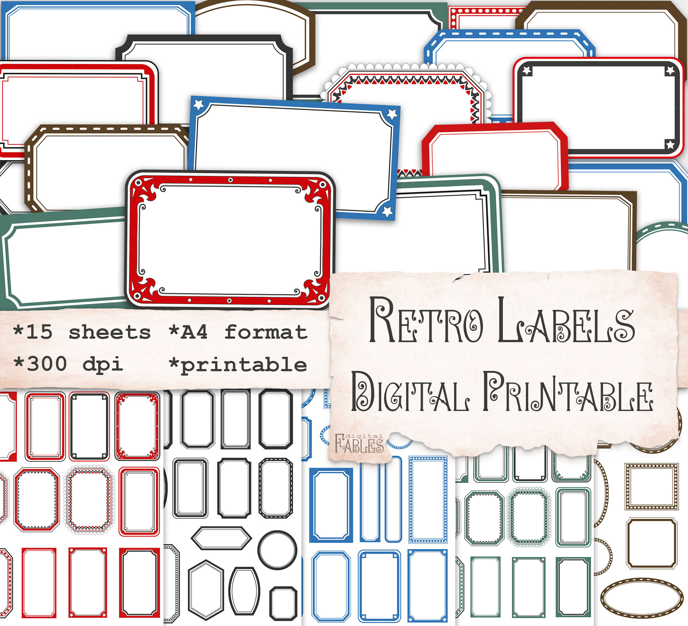 Retro Labels Printable, Vintage Style Ephemera, Red Green Blue Frame ...