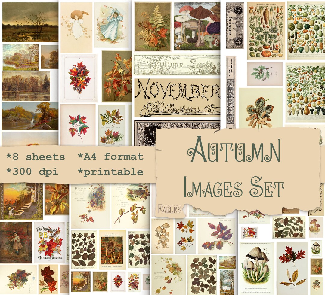 Printable Autumn Images Digital Kit, Fall Landscapes, Leaves, Mushrooms ...