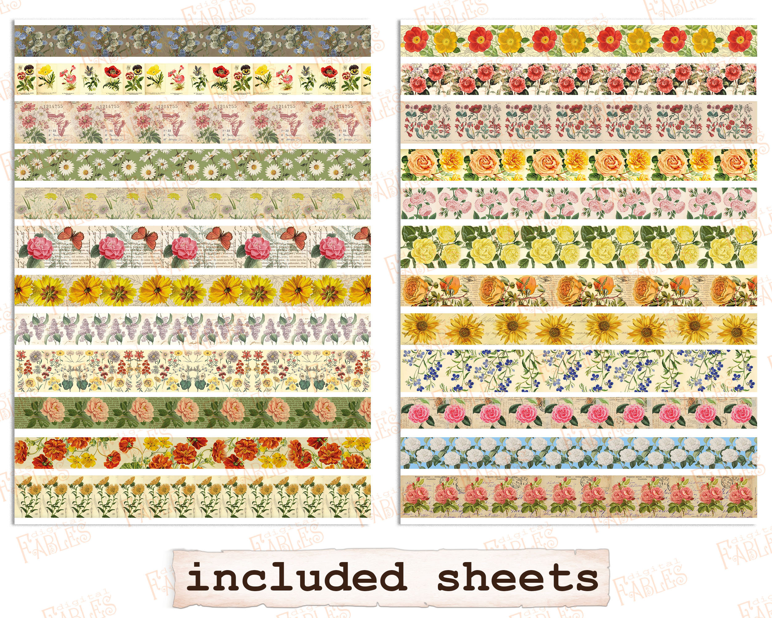 Vintage Flowers Washi Tape Strips, Junk Journal Printable, Planner ...
