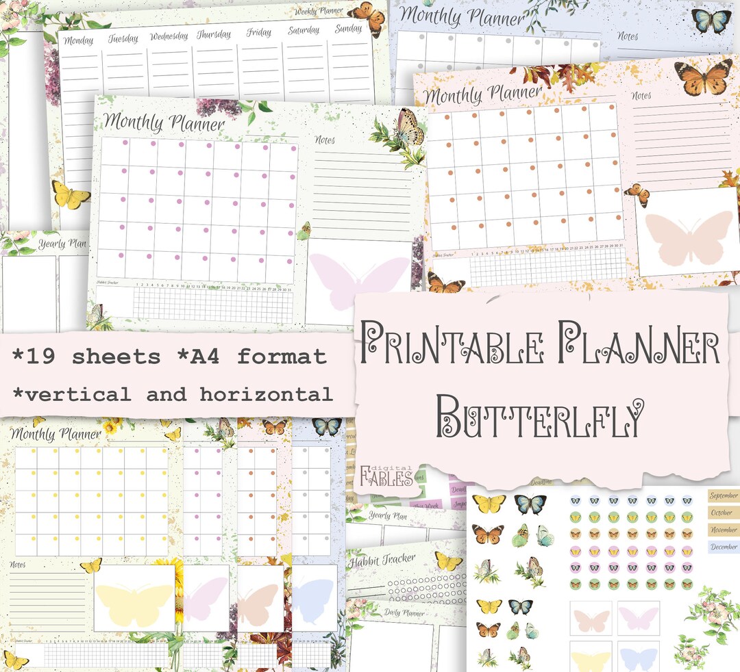 Printable Planner Sheets, Pastel and Butterfly, Daily, Weekly, Monthly ...