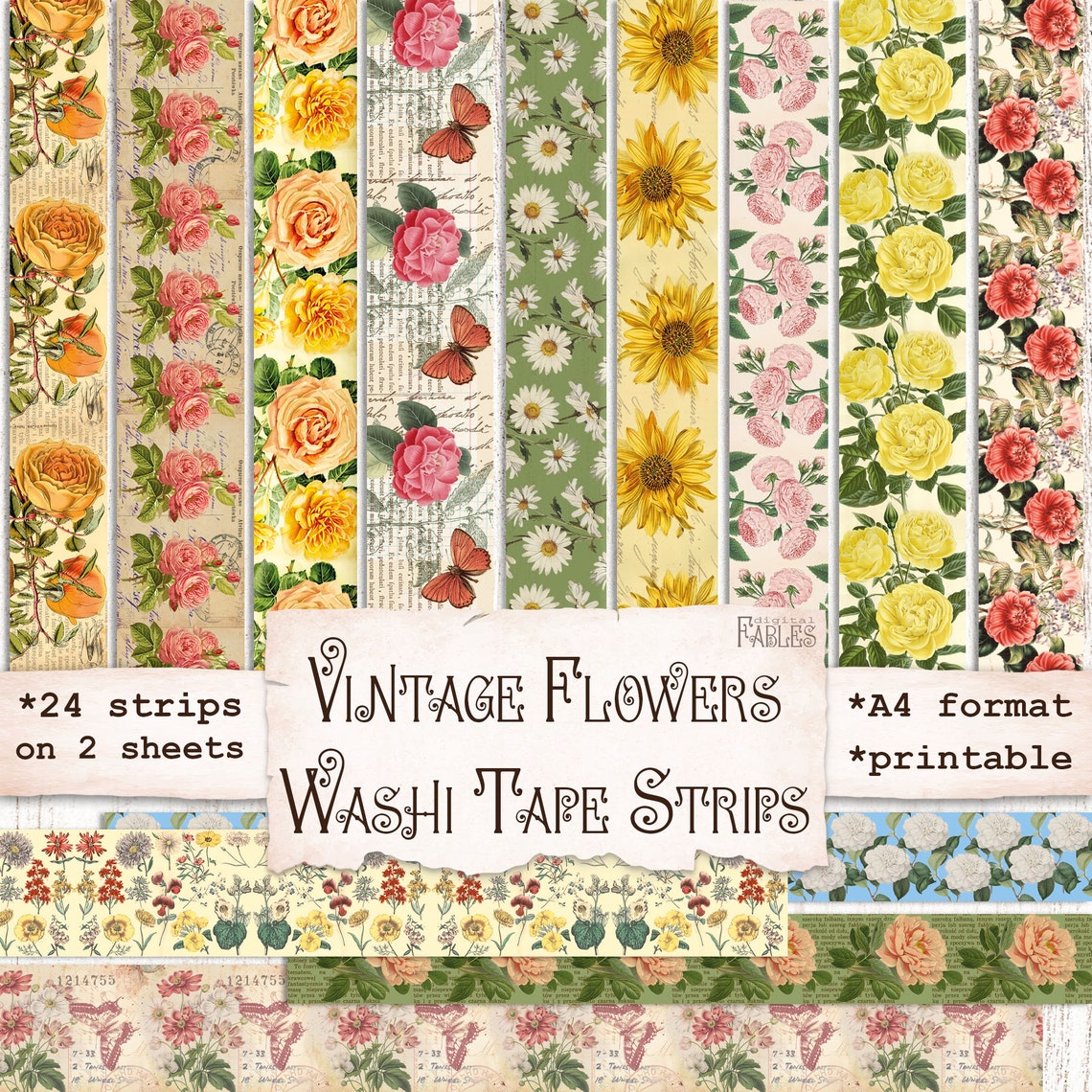 Vintage Flowers Washi Tape Strips, Junk Journal Printable, Planner ...