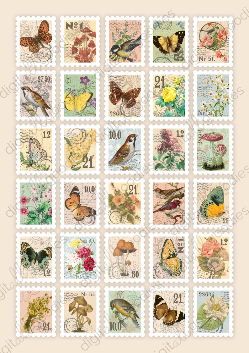 Faux Postage Stamps With Flowers Butterflies Mushrooms and - Etsy