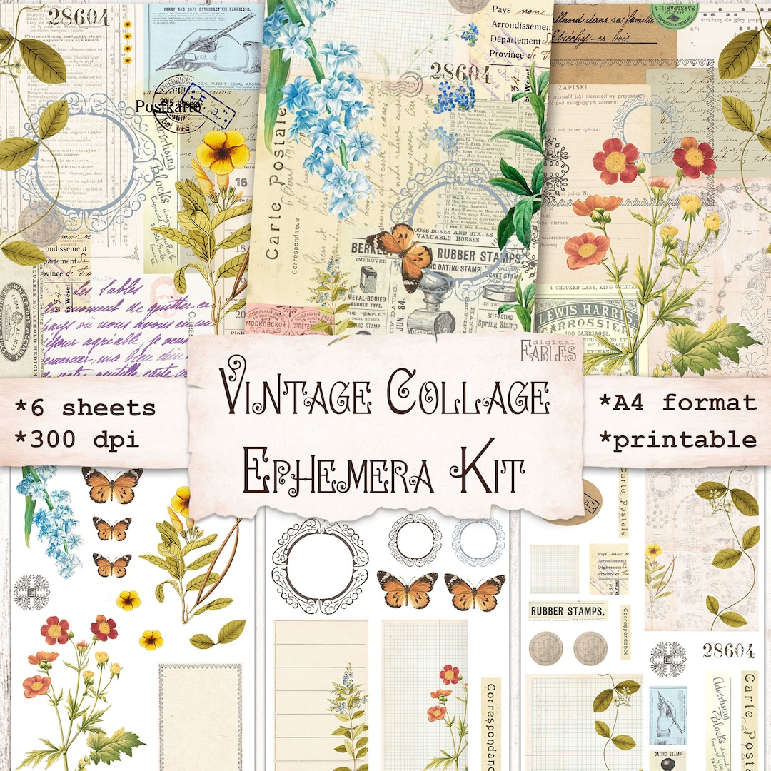 Vintage Collage Ephemera Kit, Collage Pages & Collage Elements Kit ...